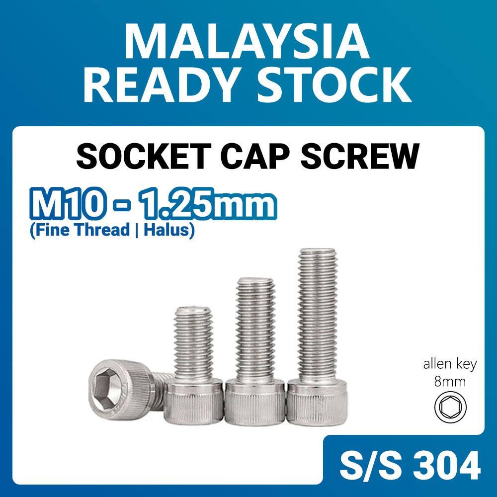 M10 x 1.25mm Fine Threaded Hex Socket Cap Head Screws 304 Stainless ...