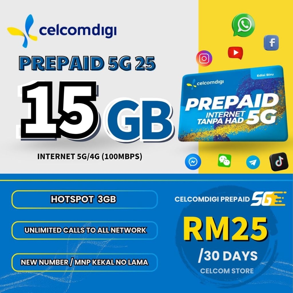 CelcomDigi Prepaid 5G Edisi Biru Unlimited Internet Rm25 Celcom Sim Card | Shopee Malaysia