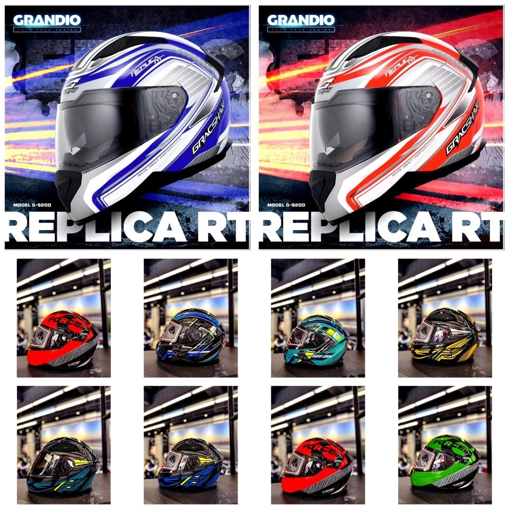 GRACSHAW FULLFACE HELMET GRADIO REPLICA BLUE RED FULL BLACK FACE NEW ...