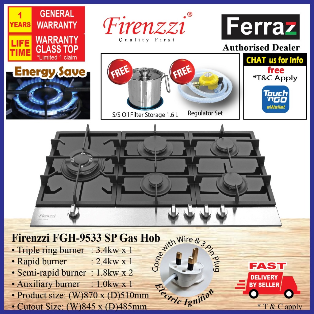 Firenzzi FH9501FC 5 Burner Gas Stove / FGH-9522SP / FH-9502SC / FGH ...