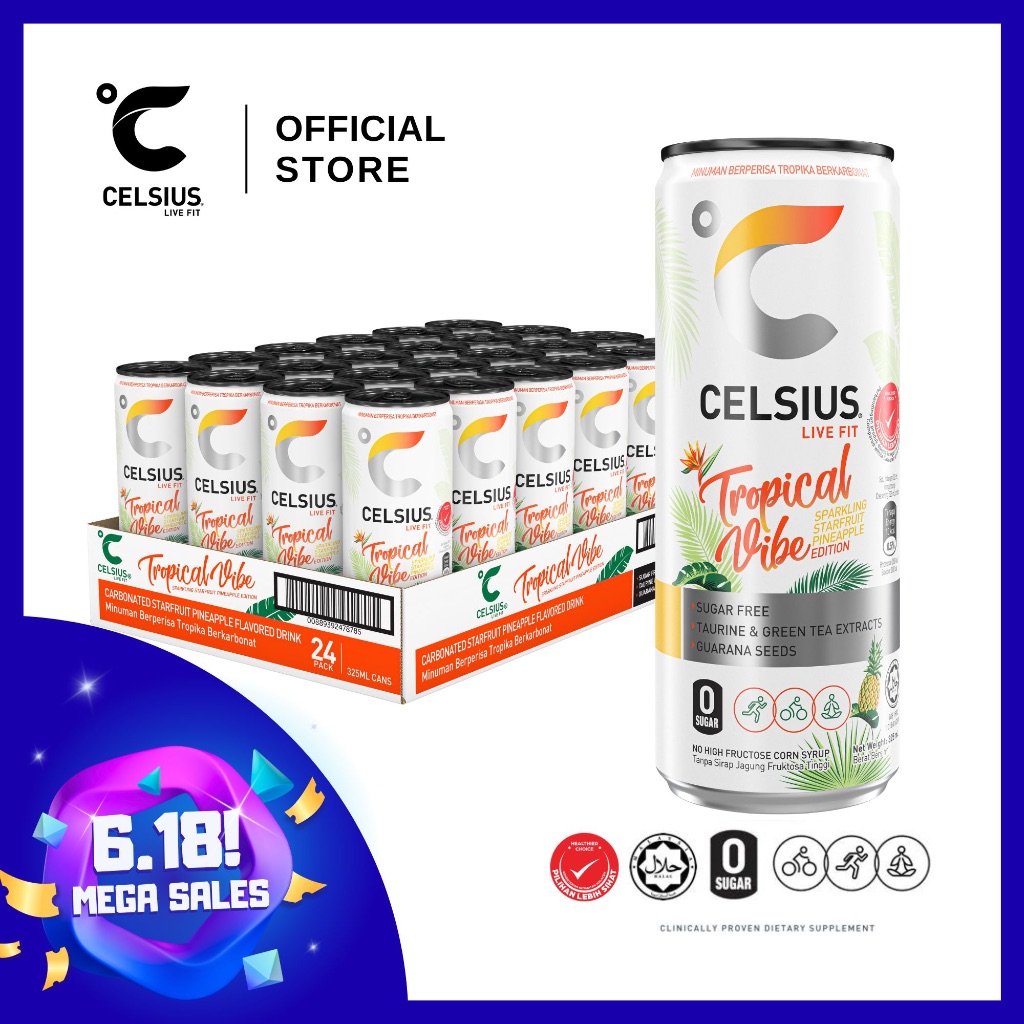 Celsius Healthy Energy Drink Sparkling Tropical Vibes Carton 325ML x 24 ...