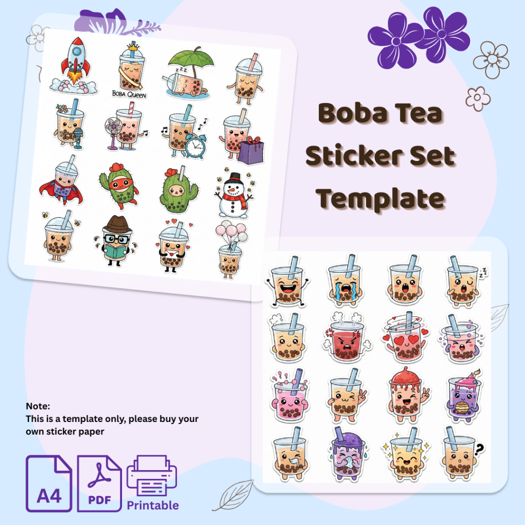 100+ Boba Bubble Tea Sticker Set Template Sheets (PDF) - Printable For ...