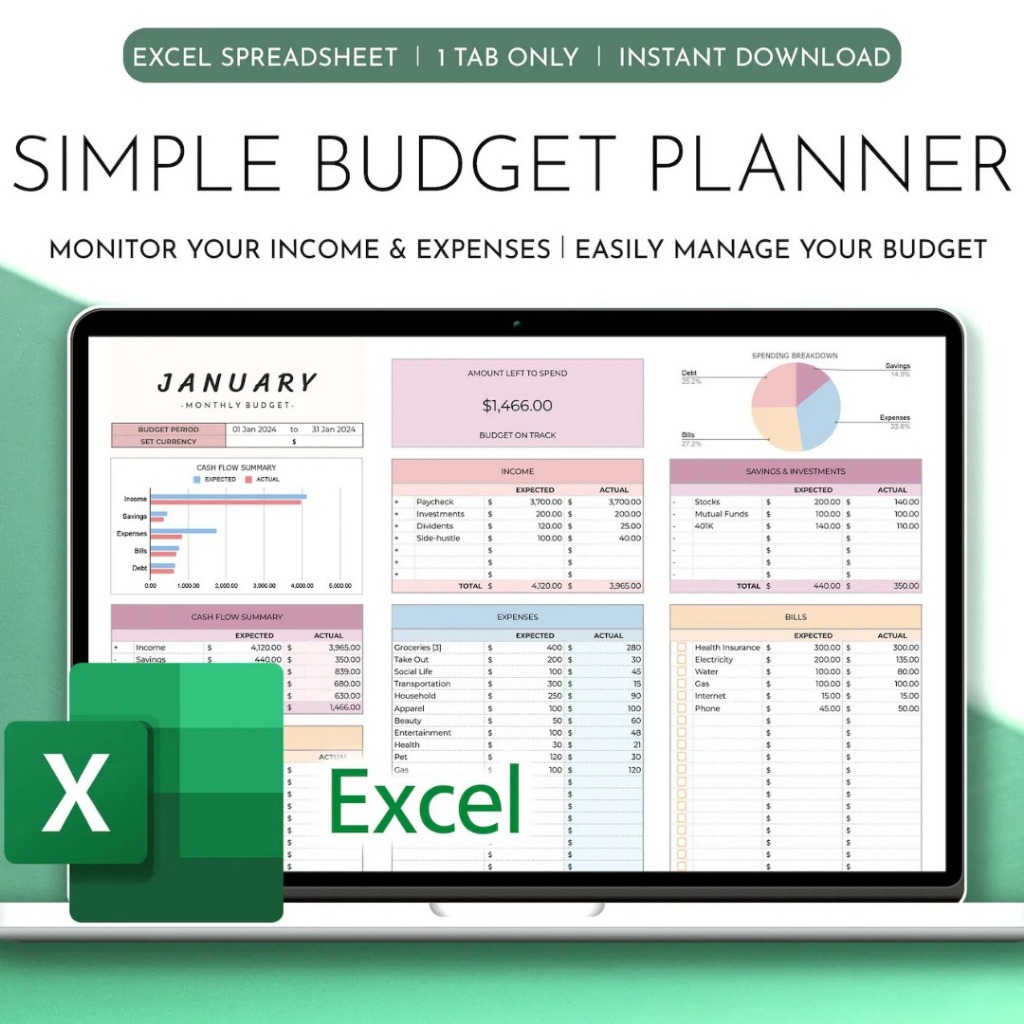 Budget Planner Excel Monthly Budget Spreadsheet Paycheck Budget Tracker ...