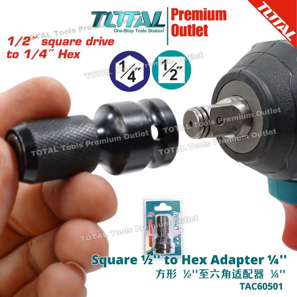 TOTAL Tools ½’’ Drive to ¼’’ Hex Drill Chuck Converter Socket Adapter ...