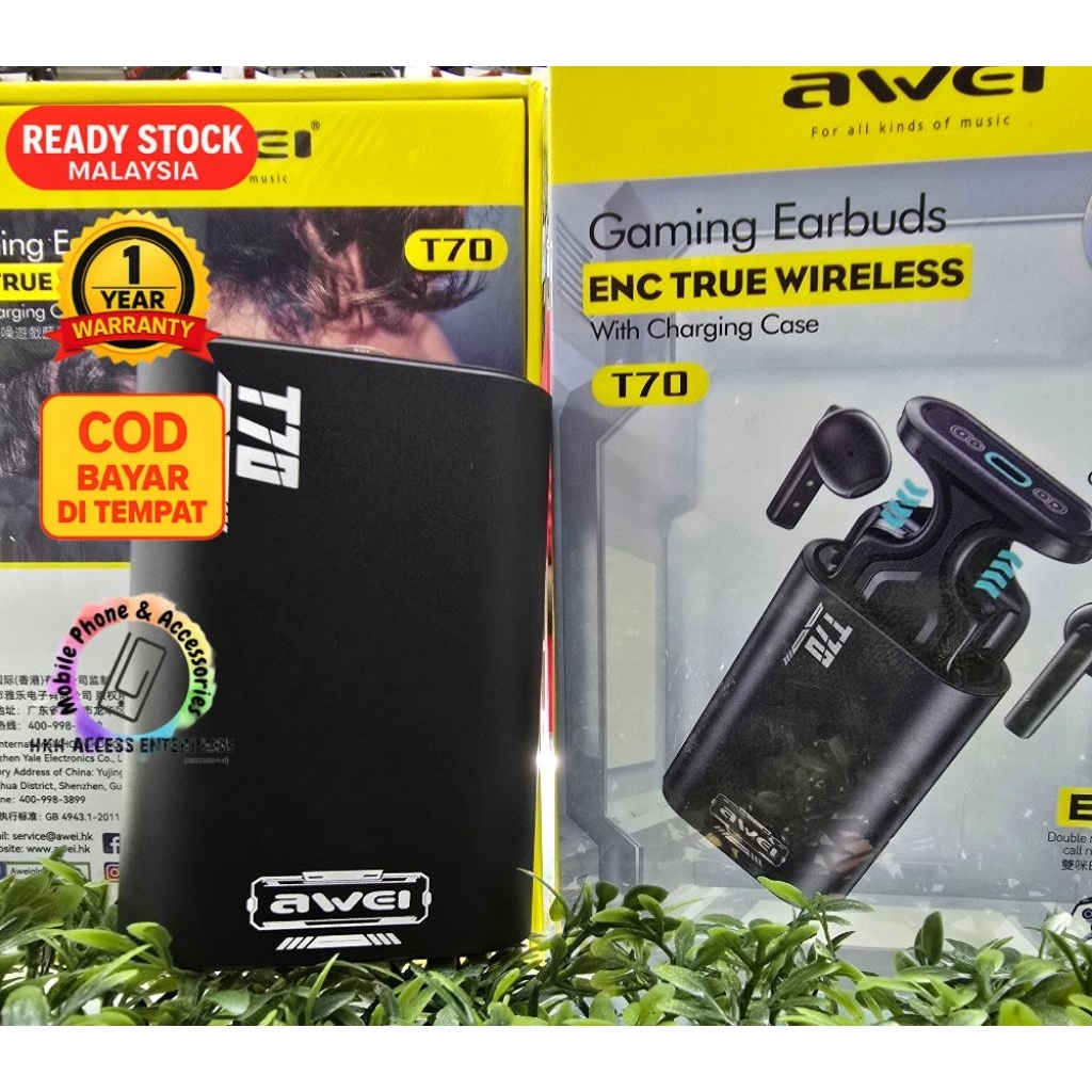 🎮 AWEI T70 Gaming Earbuds 🎧 True Wireless Bluetooth 5.3 with Charging Case 🔋 | 1 Year Warranty ...