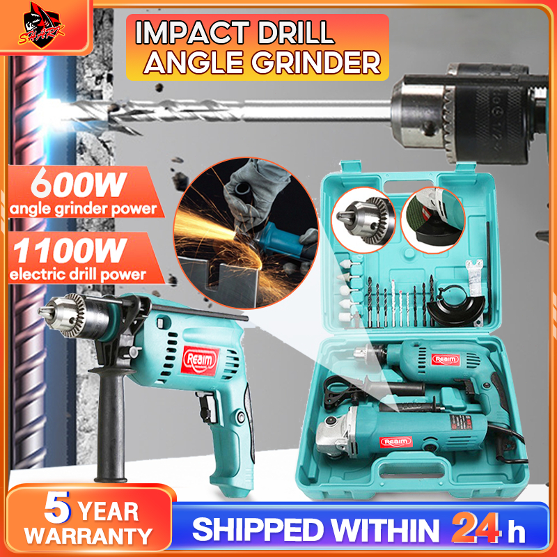 REAIM 600W Angle Grinder + 1100W Impact Drill Set Original Heavy Duty 2 ...
