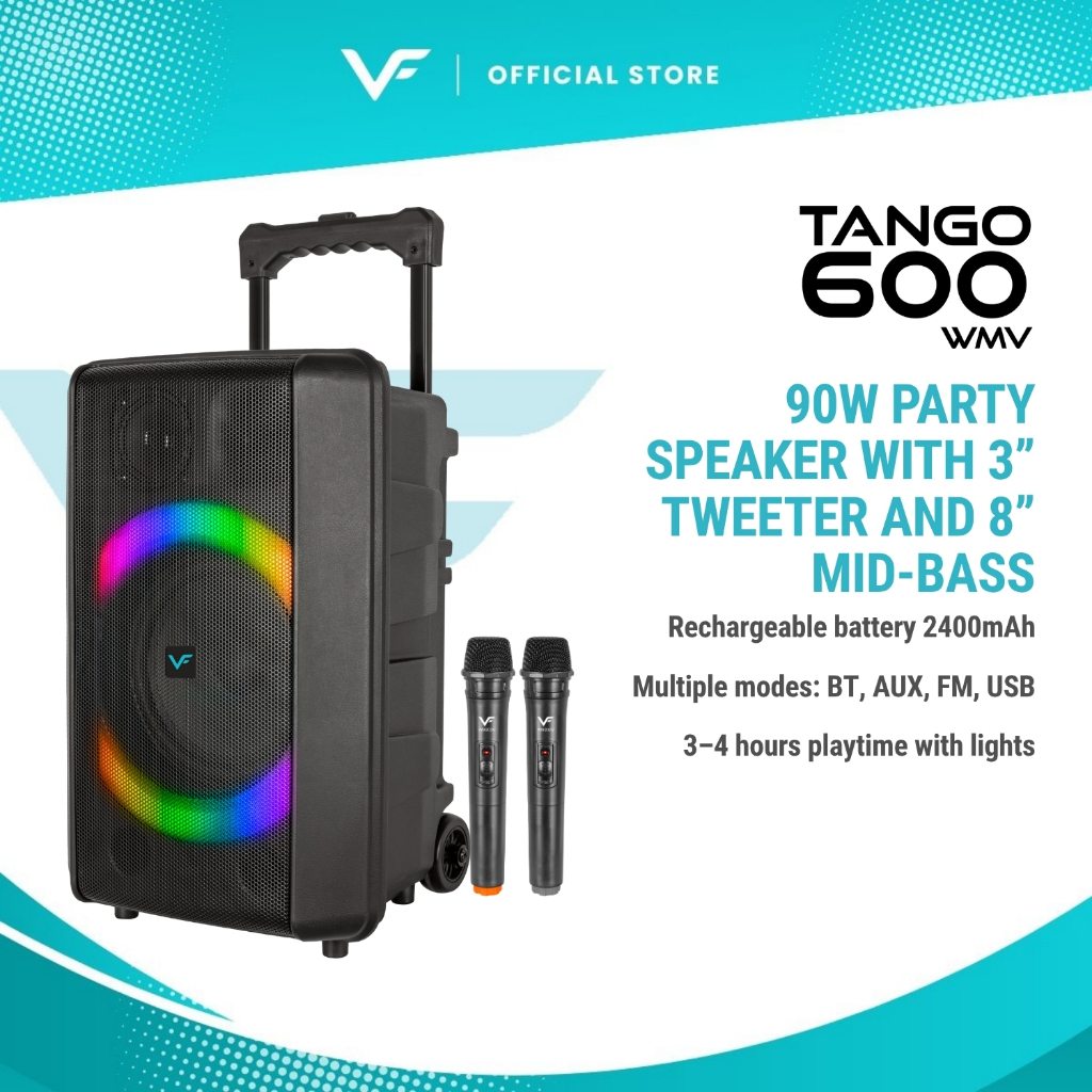 Vinnfier VF Tango 600 WMV 90W Max Portable Trolley Wireless Bluetooth Speaker Karaoke USB Drive ...