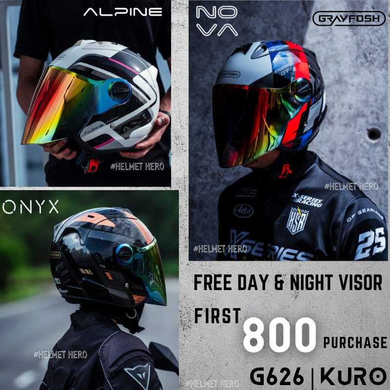 FREE VISOR) Grayfosh Helmet G626 KURO HELMET NOVA ALPINE ONYX G626A HELMET SIRIM APPROVED ARAI ...