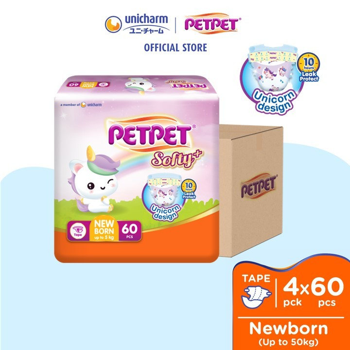 [Bundle of 4] PETPET Unicorn Softy+ Tape Baby Diapers NB60 (Up to 5kg ...