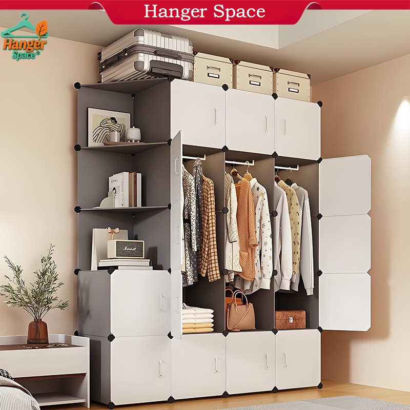 Almari baju Grey Door Cabinet Hanging DIY Wardrobe Plastic Bedroom ...