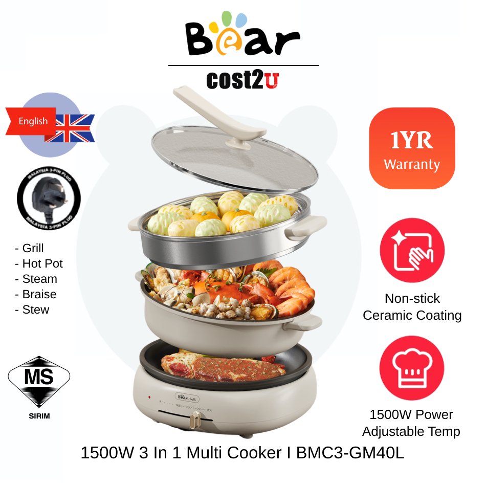 Bear 1500W 3 In 1 Multi Cooker 4.0L | BMC3-GM40L (Electric Cooker Multi ...