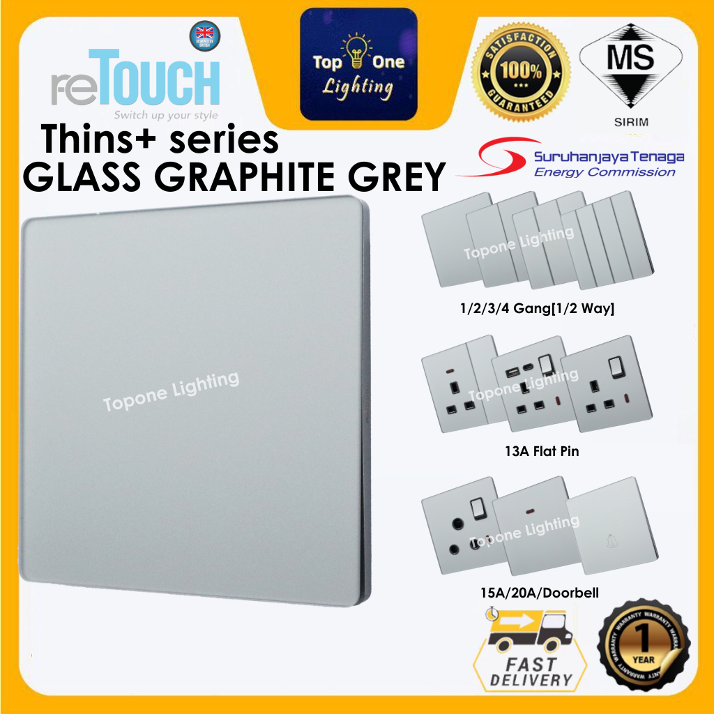 [GLASS GRAPHITE GREY] retouch thins+ 1/2/3/4 gang 1/2 way 13a/15a/20a ...