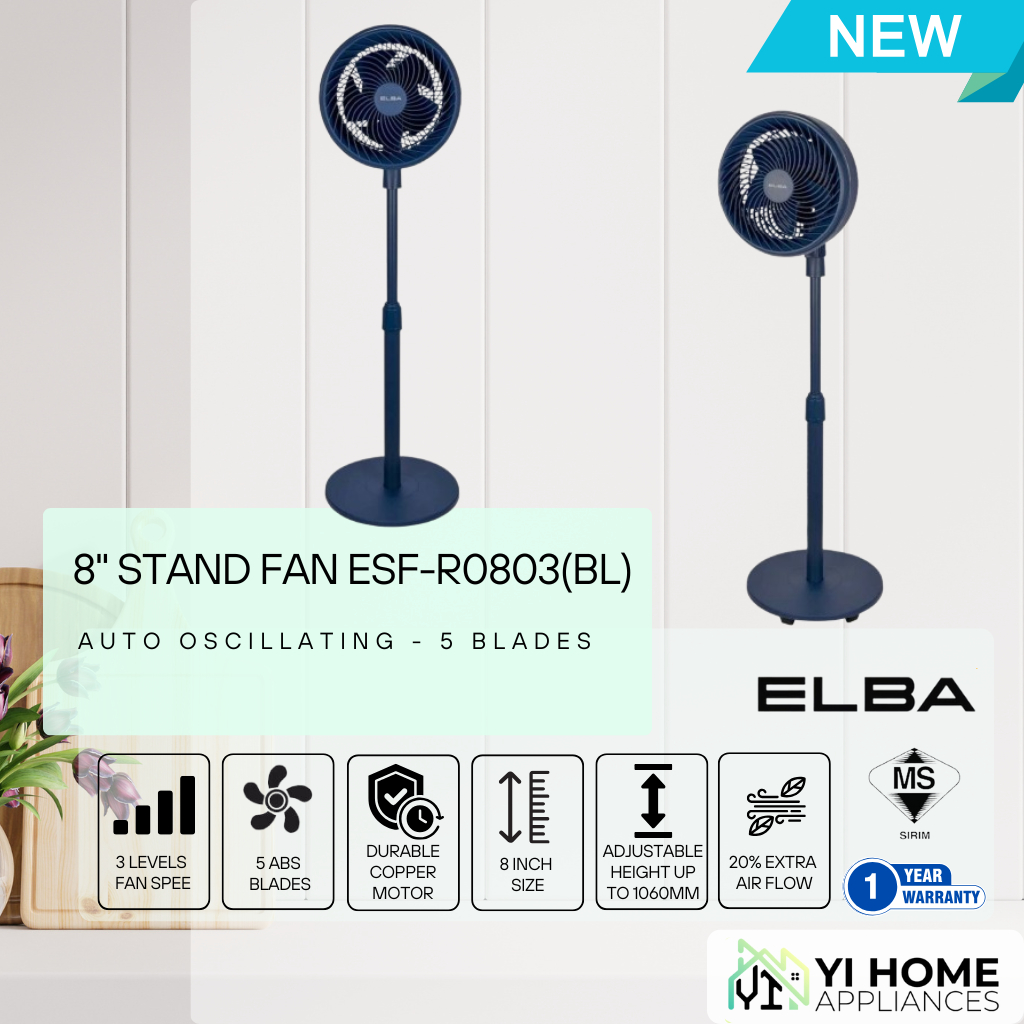 (NEW) ELBA 8" Stand Fan ESF-R0803(BL) - Auto Oscillating - 5 Blades ...