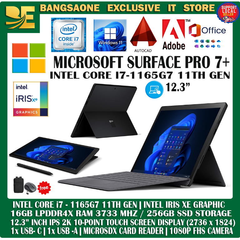 MICROSOFT SURFACE PRO 7+ -INTEL CORE I7-1165G7 11TH GEN / 16GB LPDDR4X RAM / 256GB SSD] WITH ...