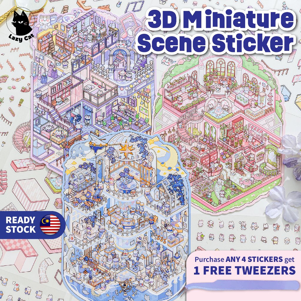 Lazy Cat 3D Miniature Scenes Sticker DIY Cute Cartoon Journal Scenes ...