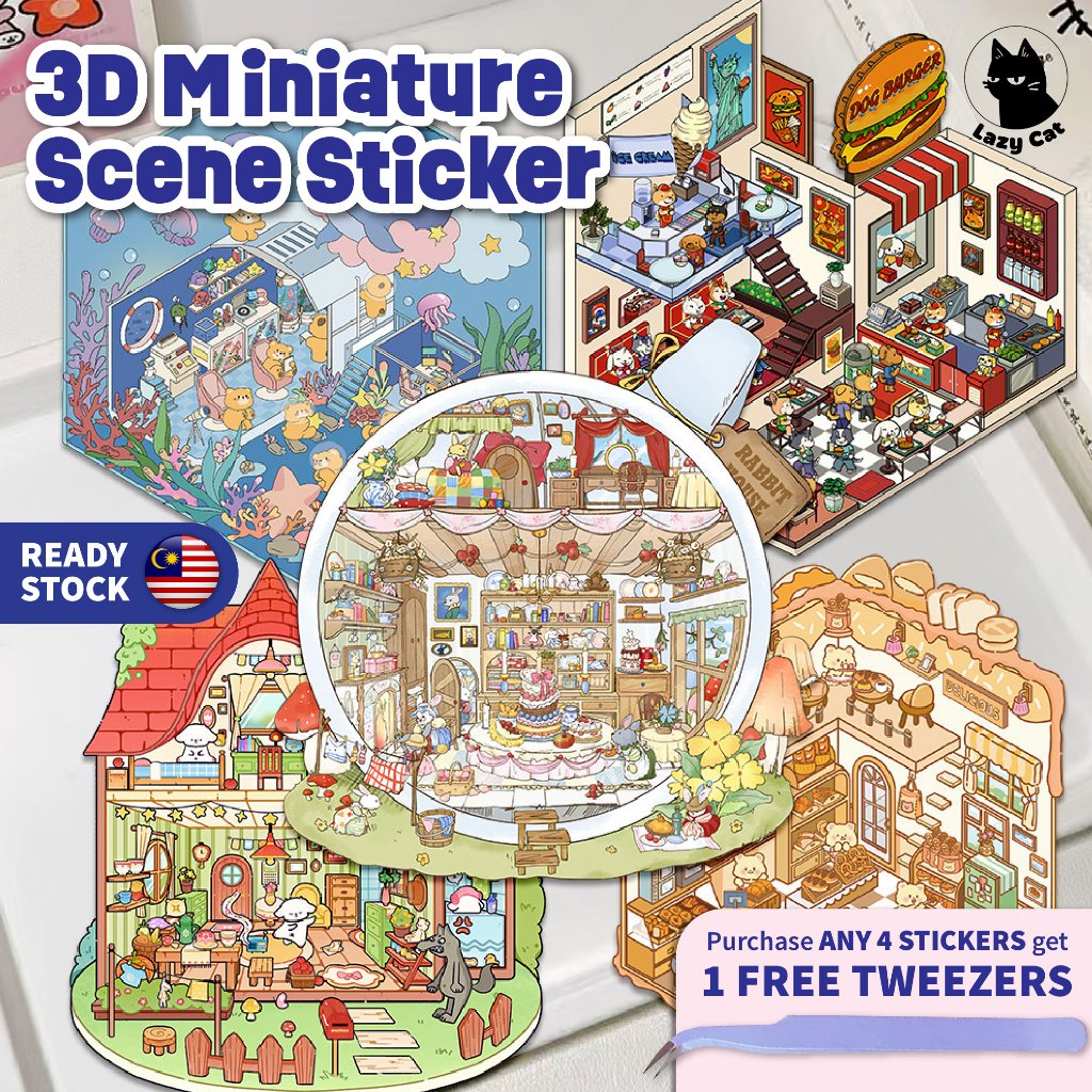 Lazy Cat 3D Miniature Scenes Sticker DIY Cute Cartoon Journal Korean ...