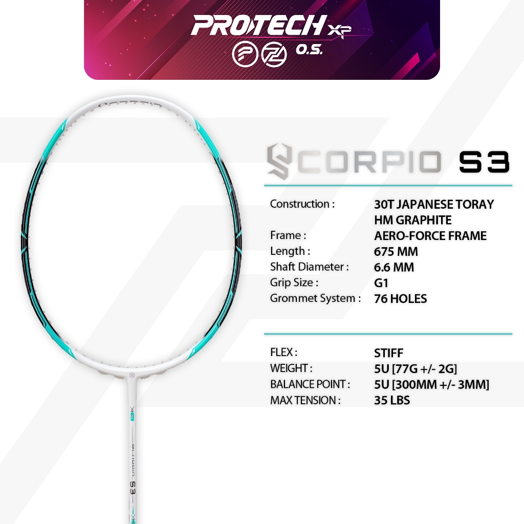 PROTECH Badminton Racket - Scorpio S3 (5UG1) (MAX 35LBS) (FREE String ...