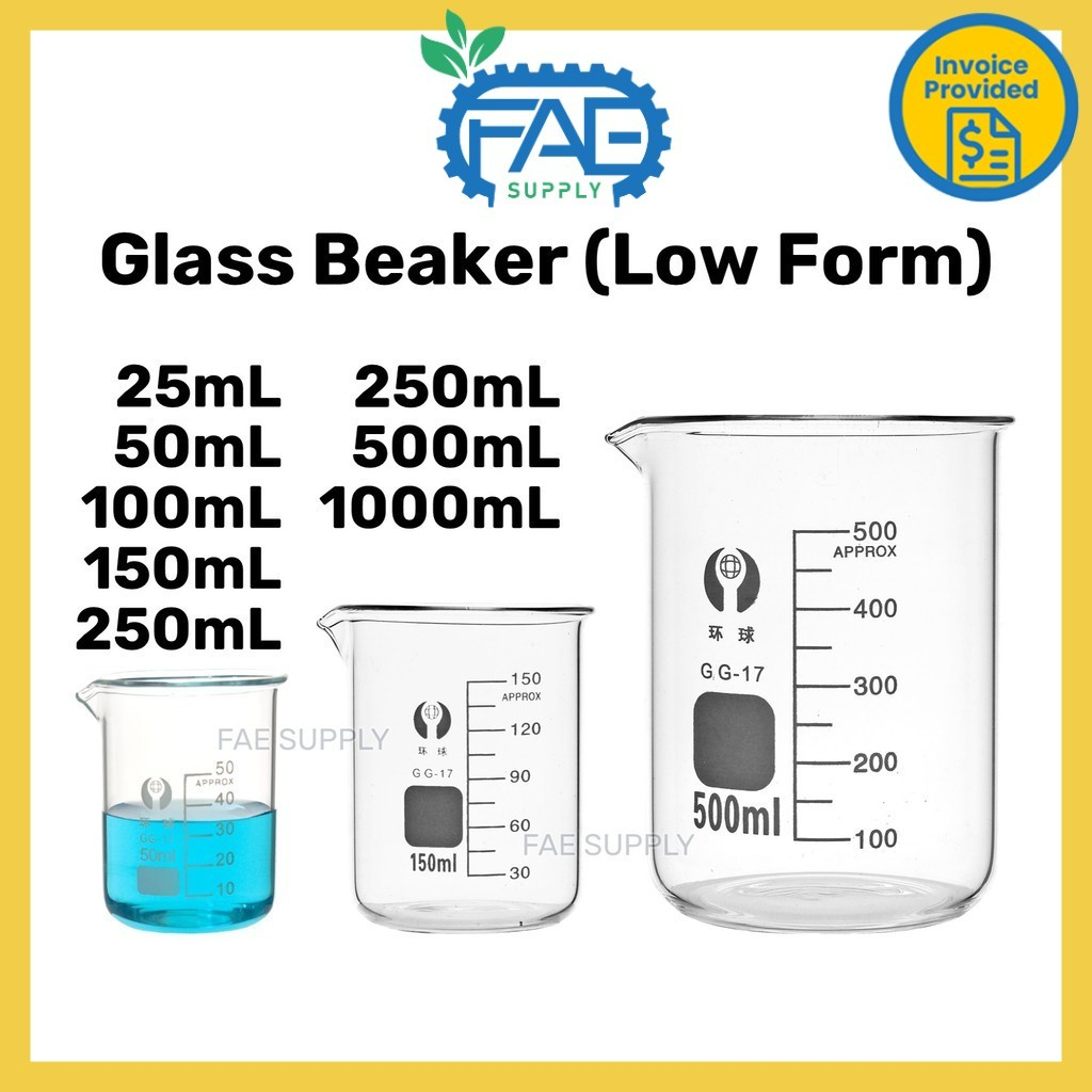 Glass Beaker Bikar Kaca Borosilicate Low Form with graduation, 5 10 25 ...