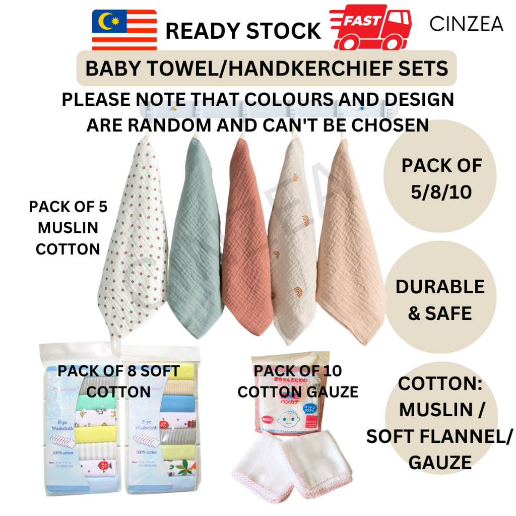 5/8/10 Helai Tuala Air Liur Bayi Kapas | 5/8/10pcs Baby Saliva Towels ...