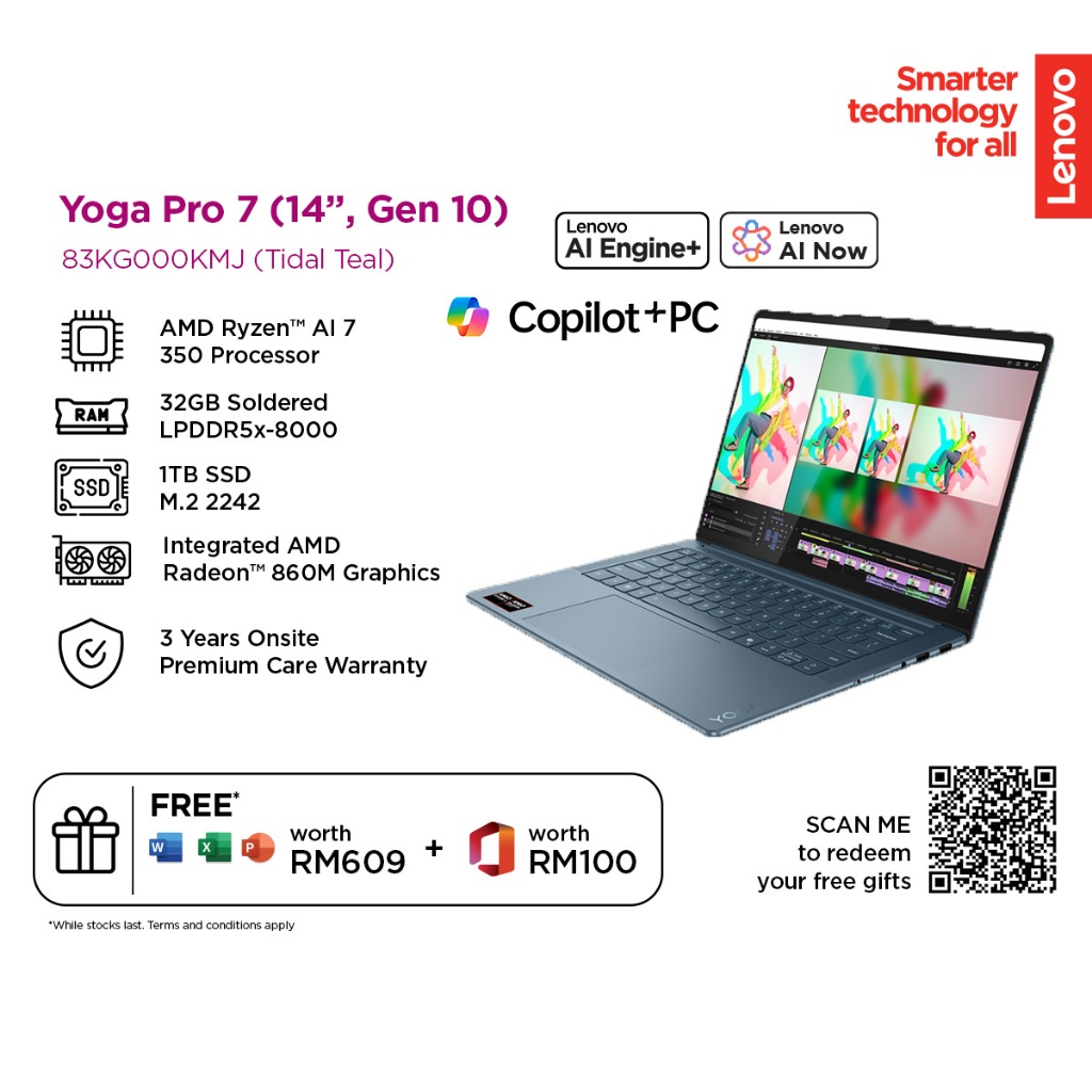 Lenovo Yoga 7 Pro 14" OLED (Ryzen AI 7 350|32GB RAM/|1TB SSD|AMD Radeon|W11H|Office|3Yrs|Tidal ...