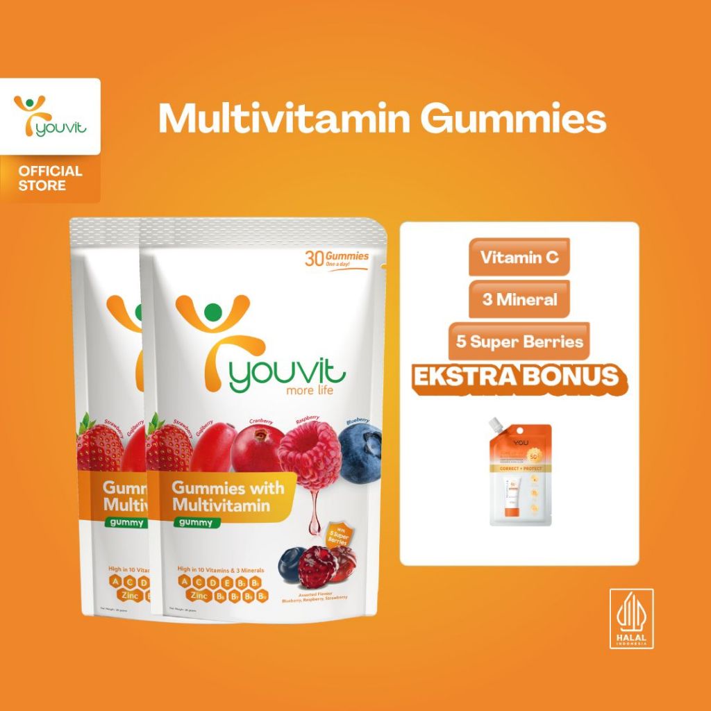 Youvit Adults Multivitamin Gummy 60 Day (60 Pcs) dengan Vitamin C, Vitamin D, Zink untuk Menjaga ...