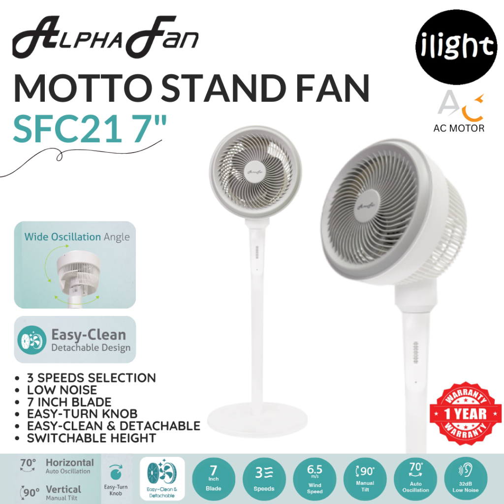 ALPHA MOTTO SF C21 7 Stand Fan 7 Inches AC Motor 3 Speed Easy Turn Knob ...