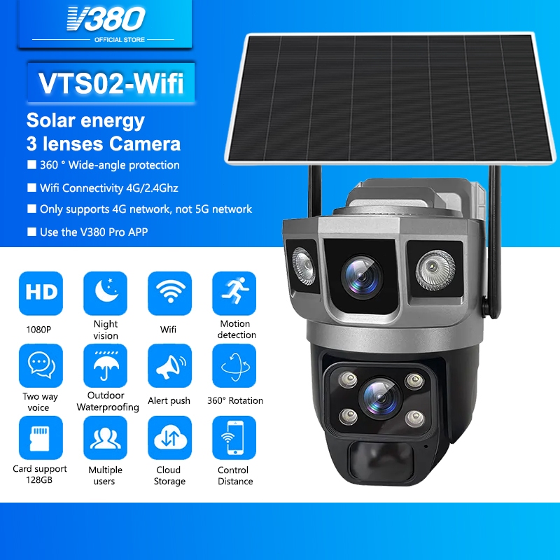 V380 Pro Three Screen CCTV Solar Outdoor IP66 Waterproof Wireless ...