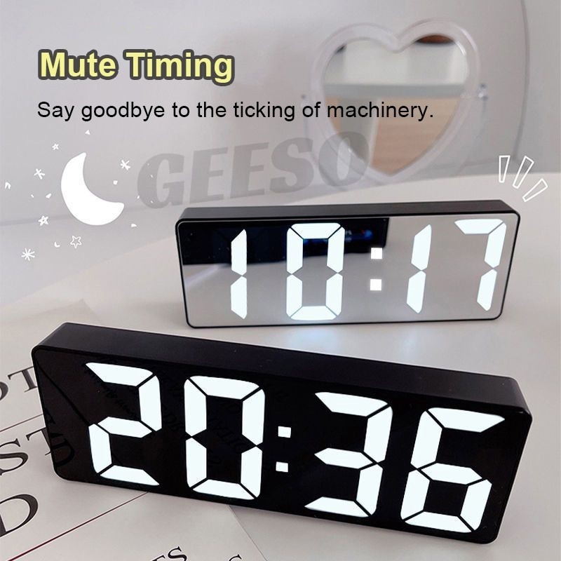 LED Mirror Table Clock Digital Alarm Snooze Display Time Desktop ...