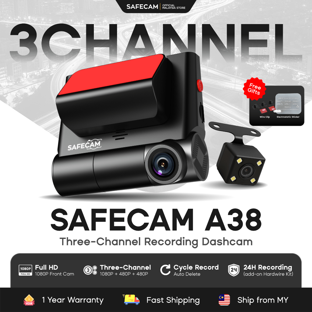 SAFECAM A38 Three-Channel Dashcam Triple Lens 1080P Full HD, Front ...