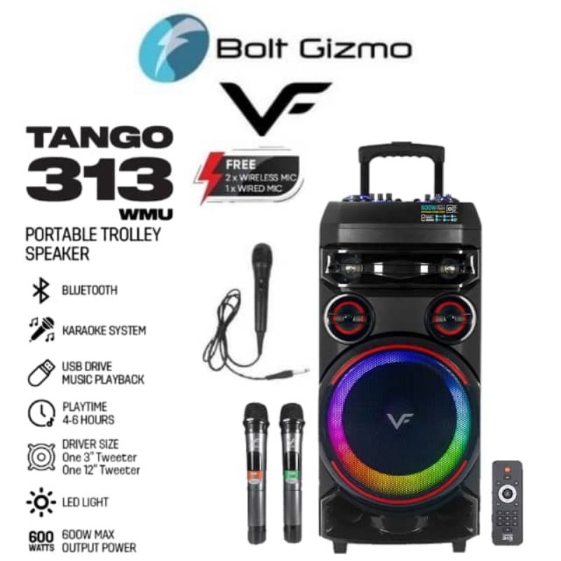 Vinnfier VF Tango 313 WMU 2024 MAX 600W Portable Trolley Karaoke Speaker Free 2 UHF Wireless Mic ...