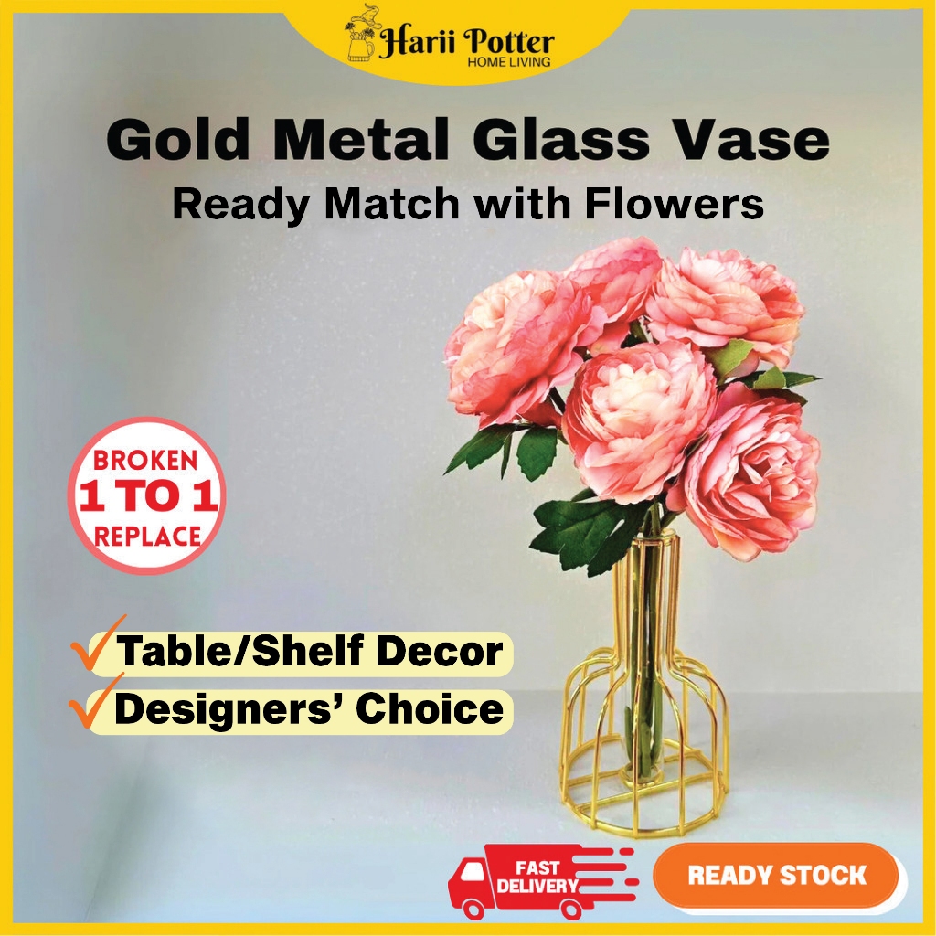 Gold Metal Glass Vase Peony Flowers Eucalyptus Steel Vase Aesthetic ...