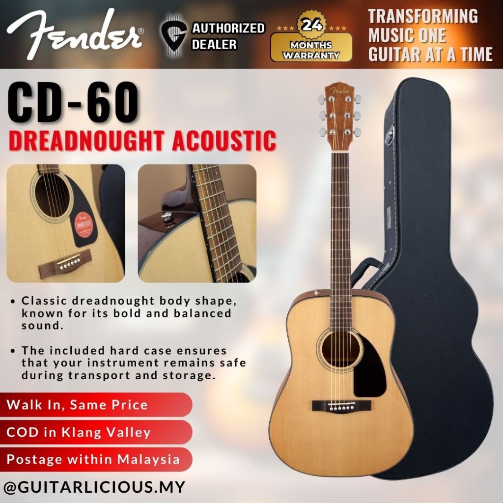 Fender CD-60 Dreadnought V3 Acoustic Guitar w/case, Walnut FB , Natural ...