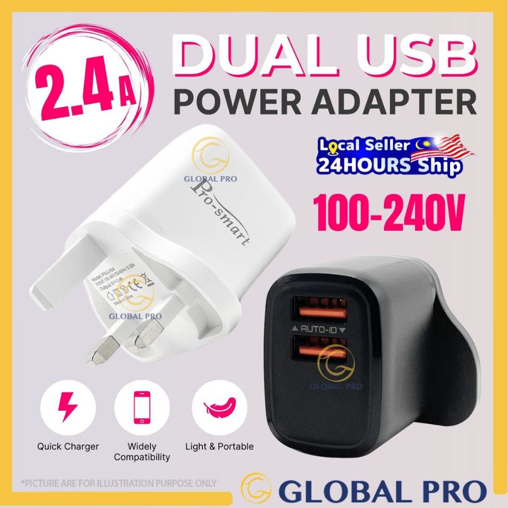 PRO=SMART 2.4A 2 USB Output Auto ID Fast Charging Travel Charger UK ...