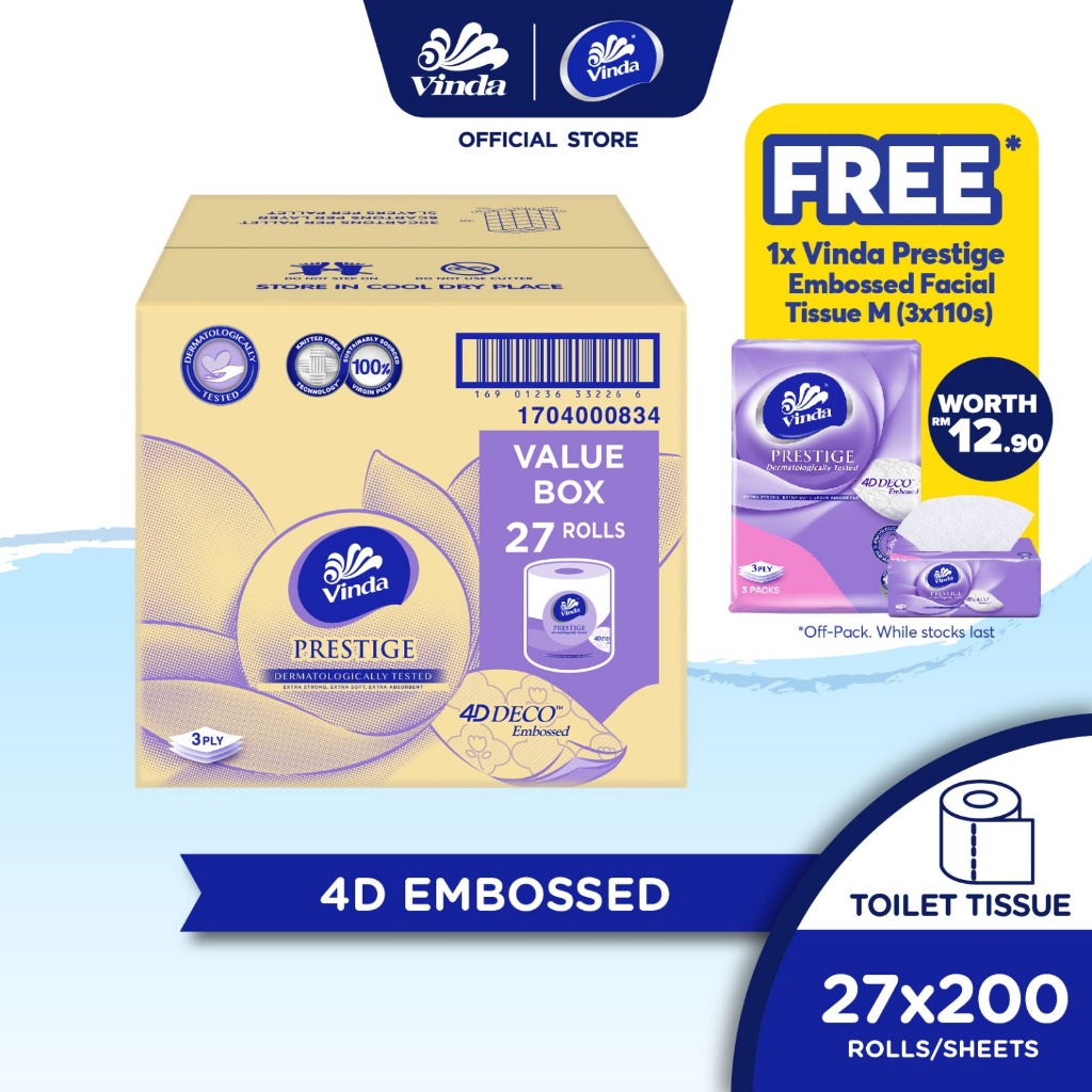 Vinda Prestige 4D Deco Embossed Toilet Tissue (27 Rolls) FREE Vinda ...