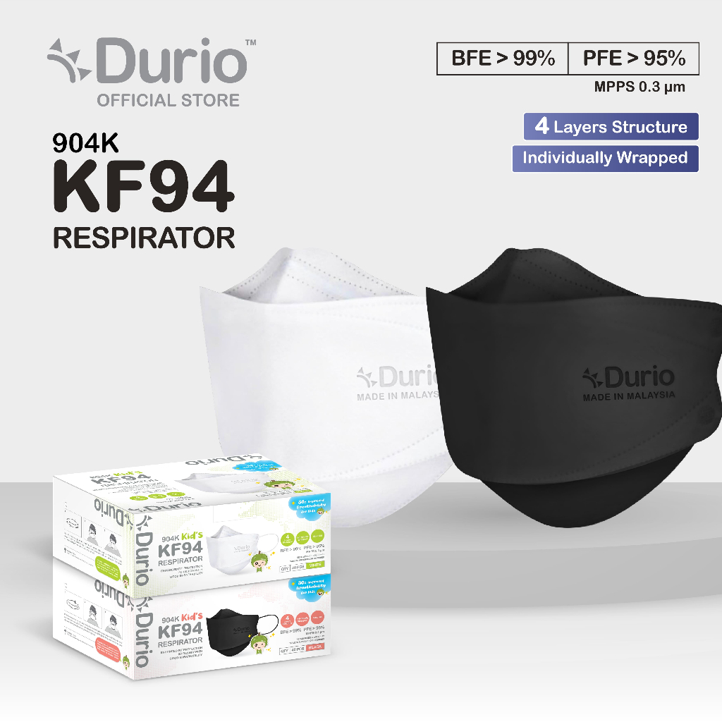 Durio 904K Kid's KF94 Respirator - Black/White (40 Pcs) | Shopee Malaysia