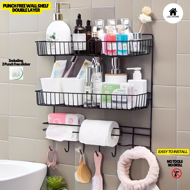 Wall Mounted Shelf Storage 2Layer PunchFree ToiletBathroom Penyimpanan Rak Pasang Dinding Bilik ...