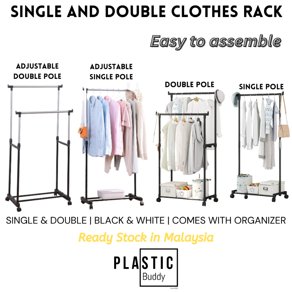 PB Mall Single/Double-Pole Clothes Hanging Rack Laundry Cloth Drying ...