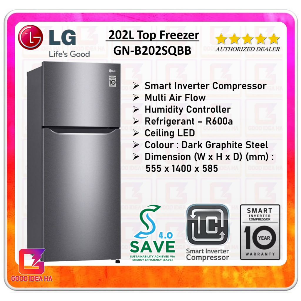 LG 202L Smart Inverter Top Freezer Fridge Dark Graphite Steel GN ...