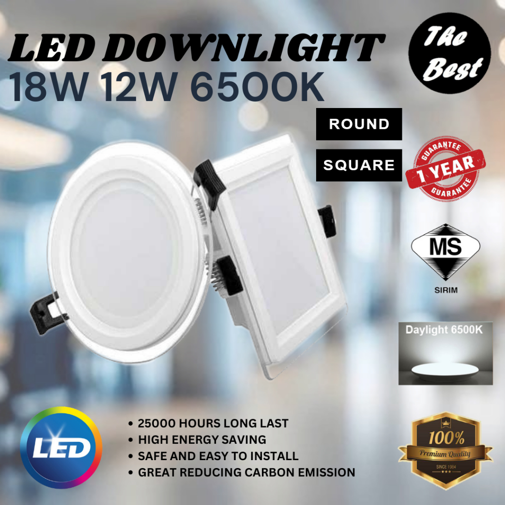 Glass LED Downlight 18W 12W Daylight 6500K Round Square Plaster Ceiling ...