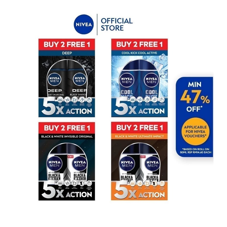 NIVEA MEN Deodorant Male Roll On/ Men's Grooming / Anti Bacterial / No Sweat / Perfume / No ...