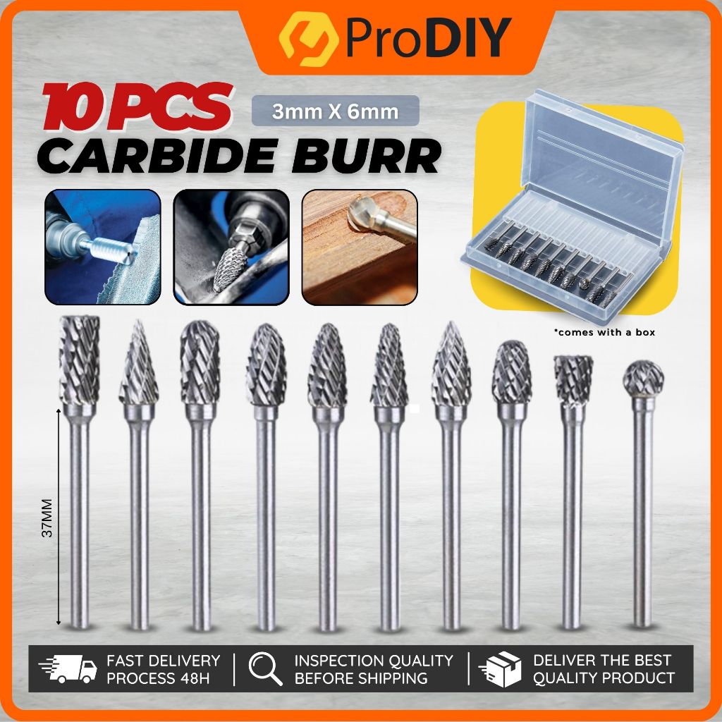 10pcs 3mm x 6mm Double Cut Rotary Tungsten Carbide Burr Shank Fit ...