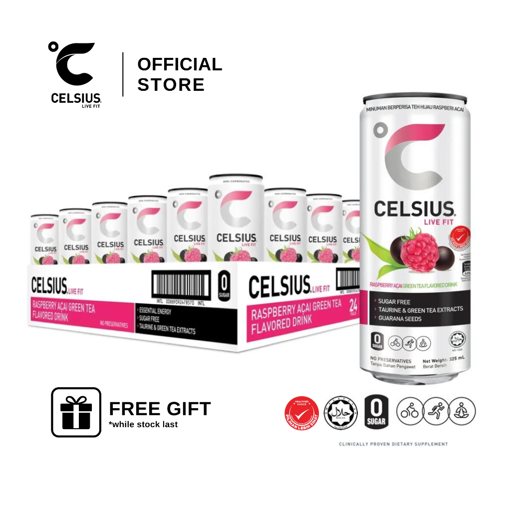 Celsius Healthy Energy Drink Raspberry Acai Green Tea Carton 325ML x 24 ...