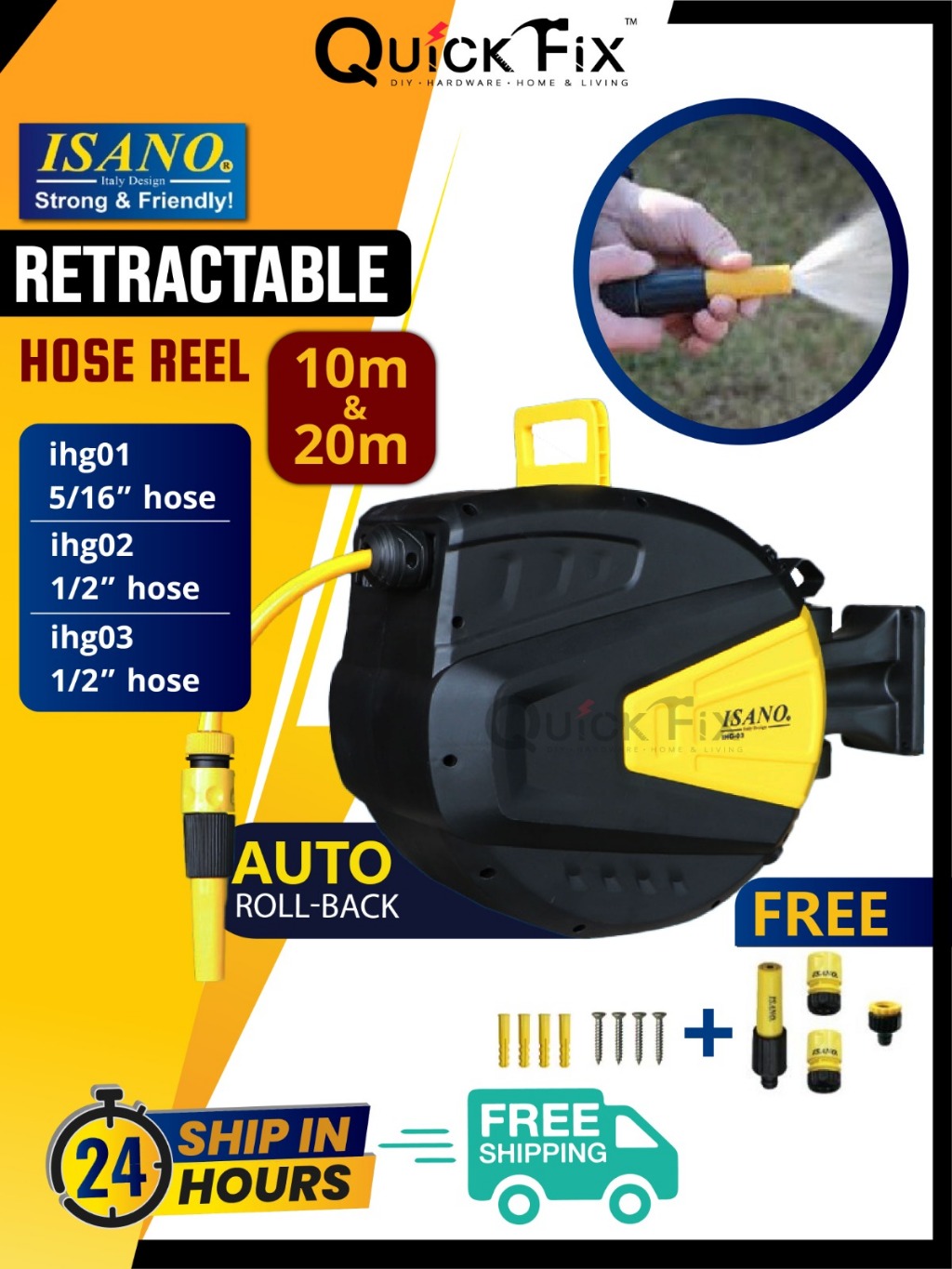 QuickFix ISANO AUTO Retractable Water Hose Reel Pipe Garden 10m & 20m ...