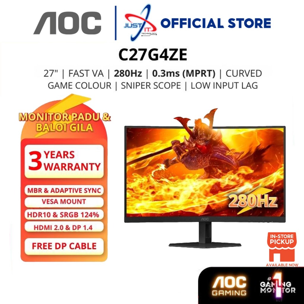 AOC C27G4ZE 27" CURVED GAMING MONITOR ( 27" FAST VA FHD / 0.3MS / 280HZ ...