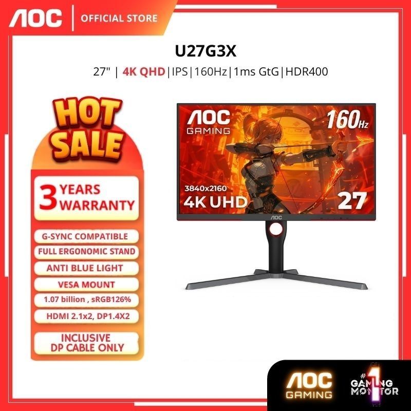 AOC U27G4 (0.5ms) / U27G3X (1ms) 4K UHD Gaming Monitor (27" Fast IPS ...