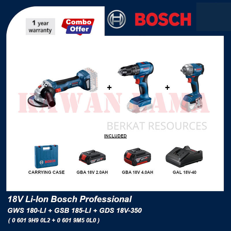 BOSCH [COMBO B] 18V GWS 180-LI + GSB 185-LI + GDS 18V-350 ( 0 601 9H9 0L2 + 0 601 9M5 0L0 ...