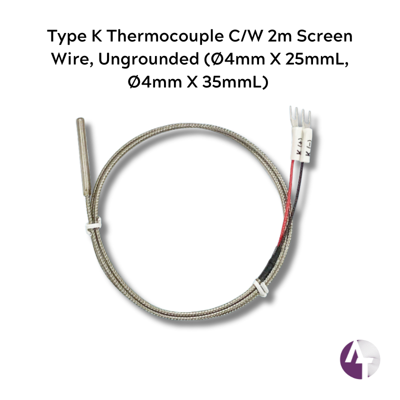 Type K Thermocouple C/W 2m Screen Wire, Ungrounded (Ø4mm X 25mmL, Ø4mm ...