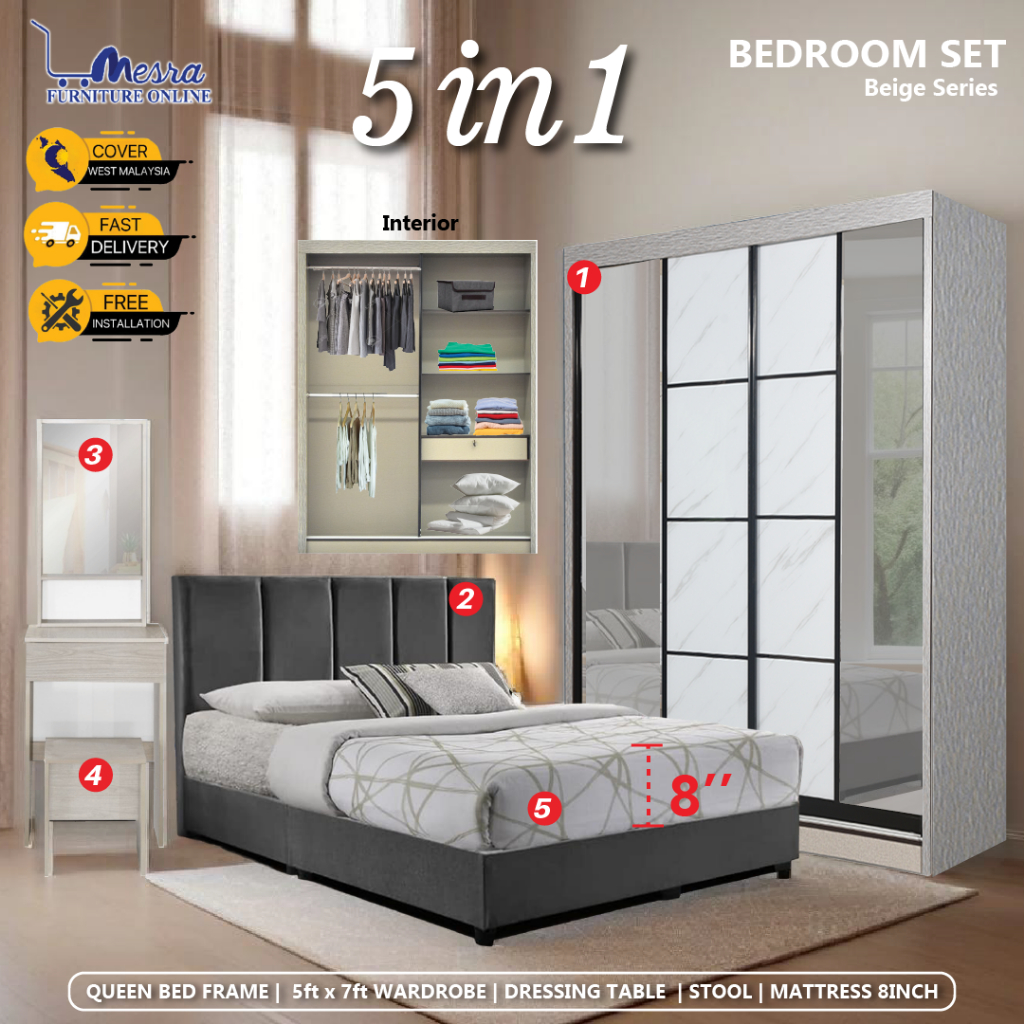 MESRA - Bedroom Set Sliding door /Set Bilik Tidur/Almari Baju/Katil ...