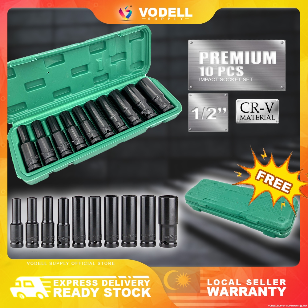 VODELL 10pcs 1/2 Inch Long Impact Socket Set Black Deep Box Set Tool ...