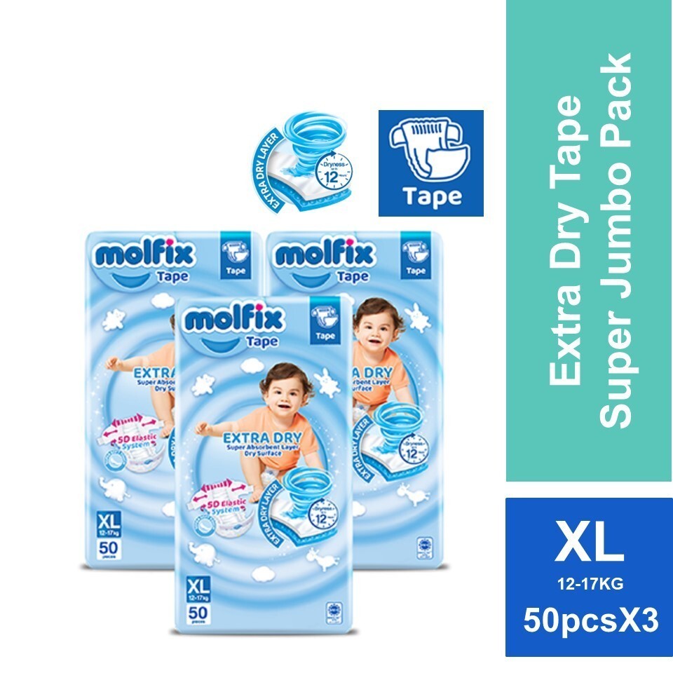Molfix Extra Dry Tape Super Jumbo Pack - XL50 (3packs) | Shopee Malaysia